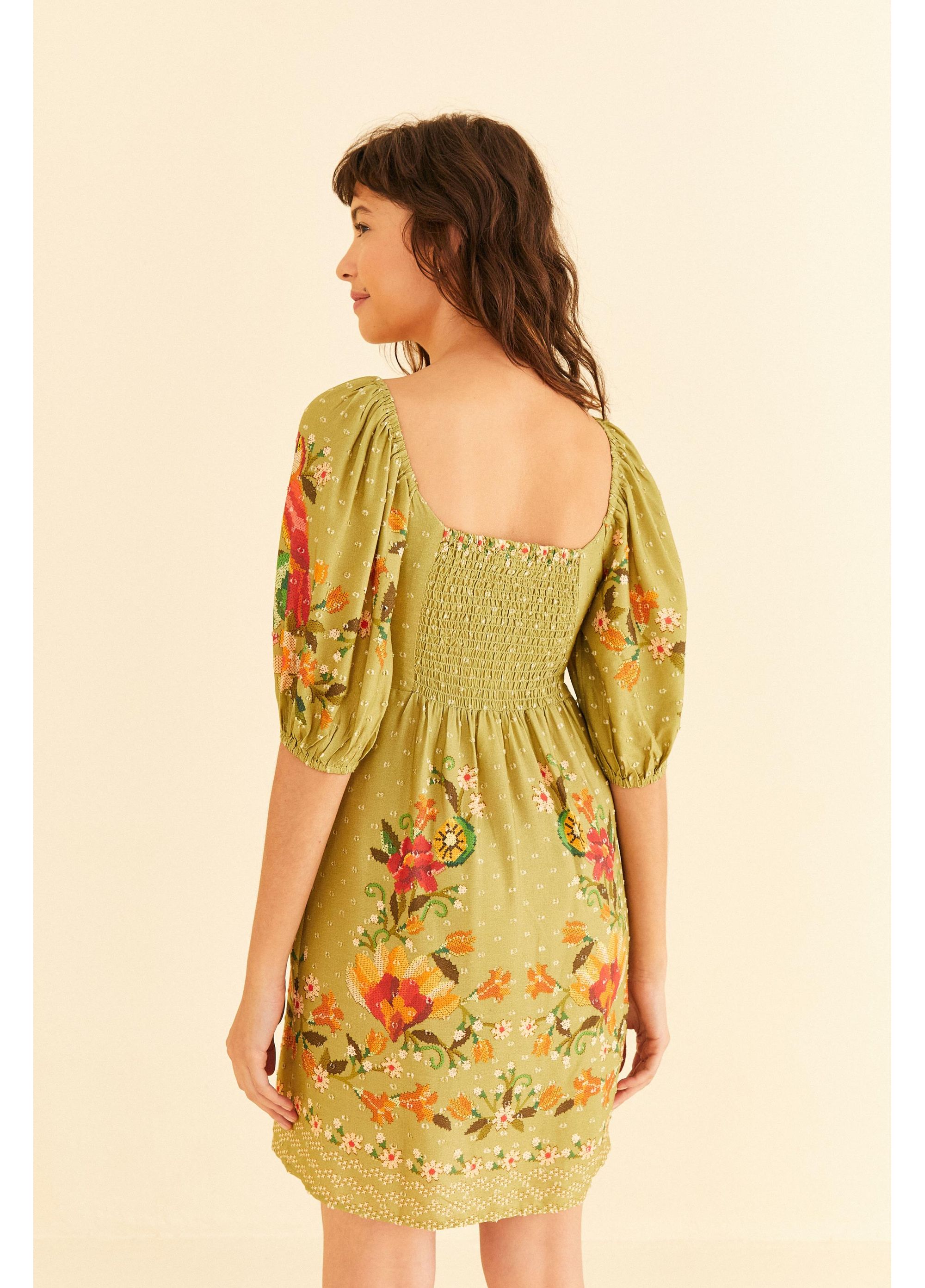 Vestido Curto Estampado Jardim Ponto Cruz