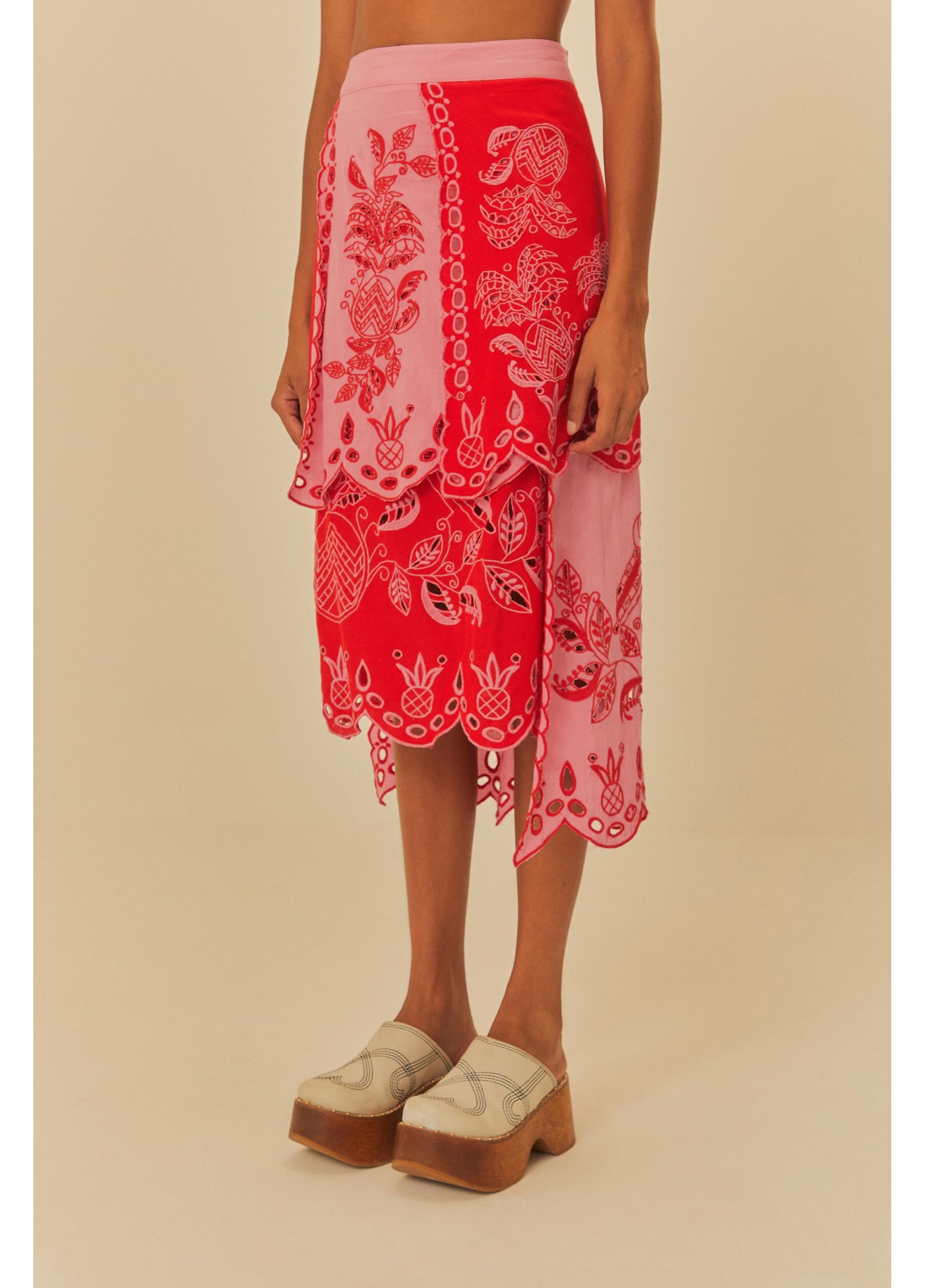 Saia Midi Bordada Estampada Kauai
