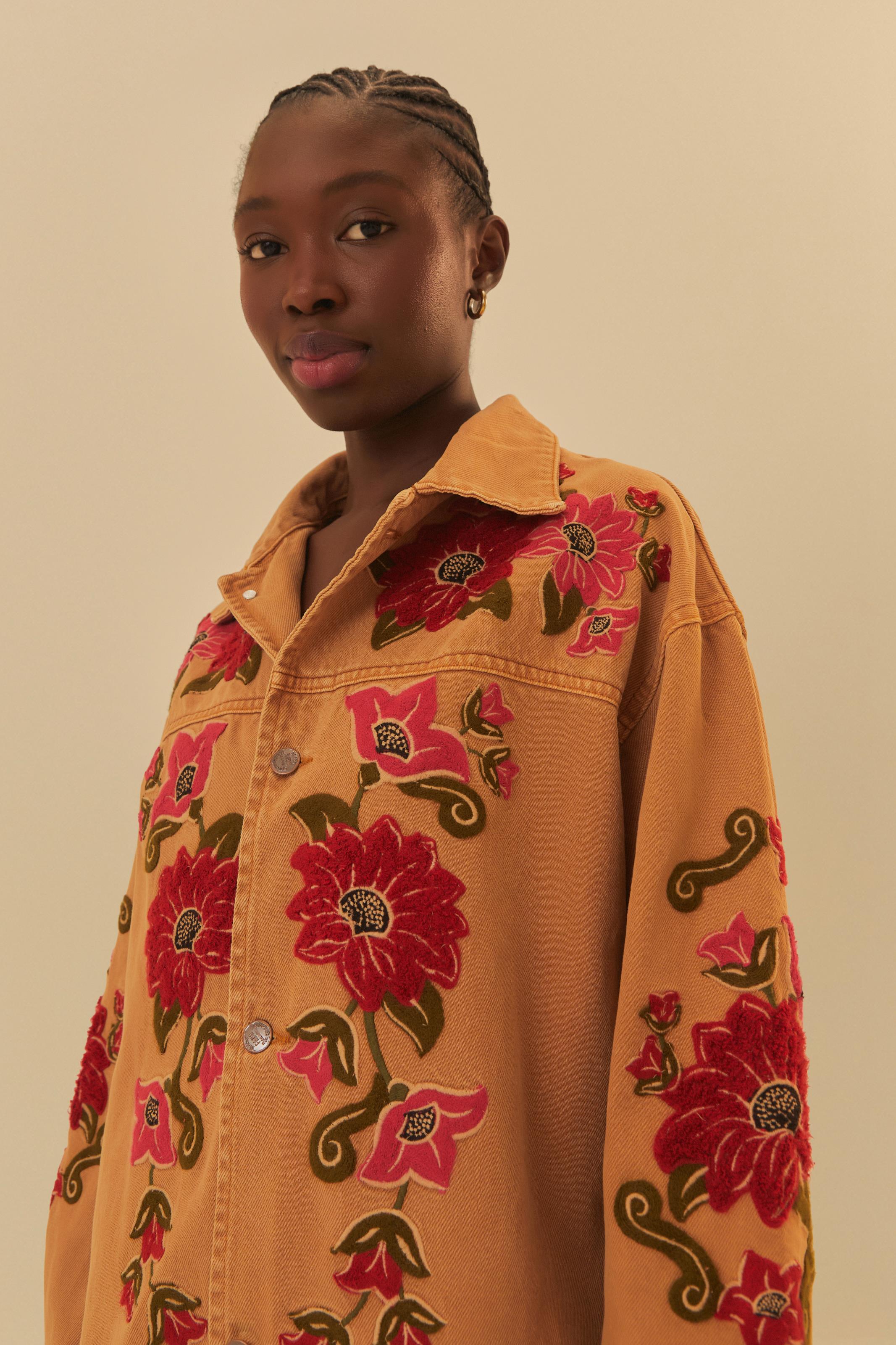 Camisa Sarja Bisne Bordado Florido