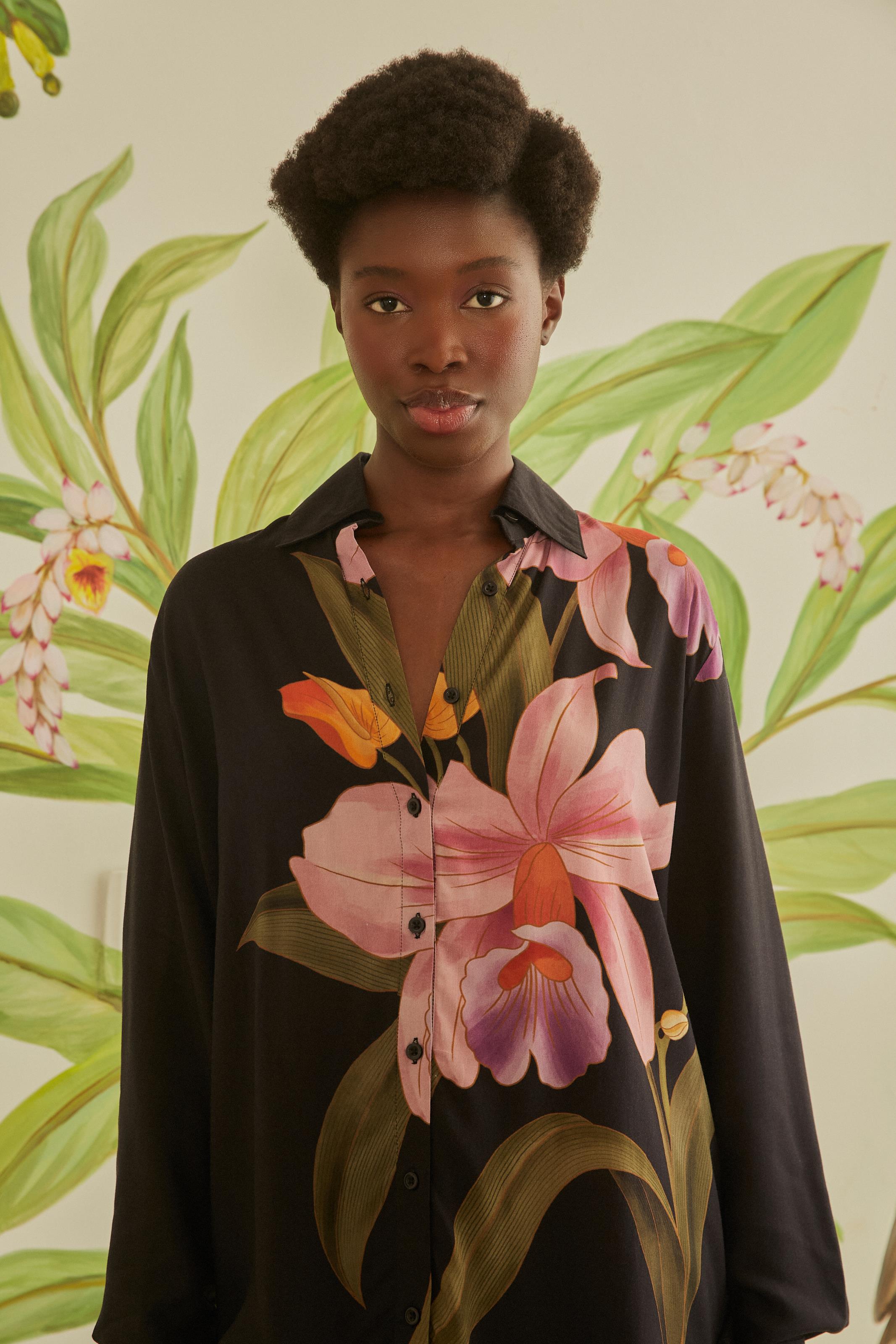 Camisa Manga Longa Estampada Orquídea