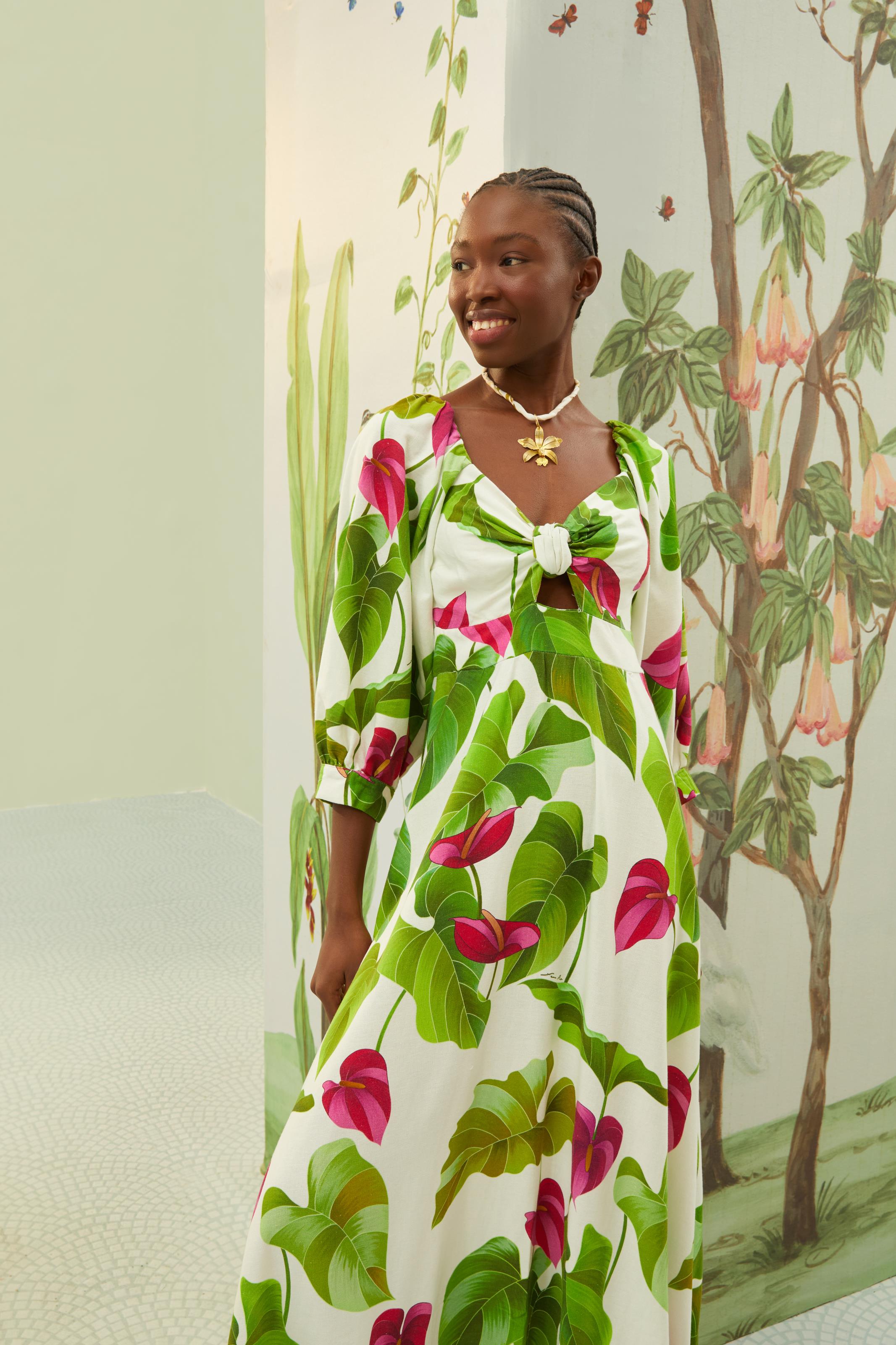 Vestido Longo Estampado Manga Folha De Antúrio