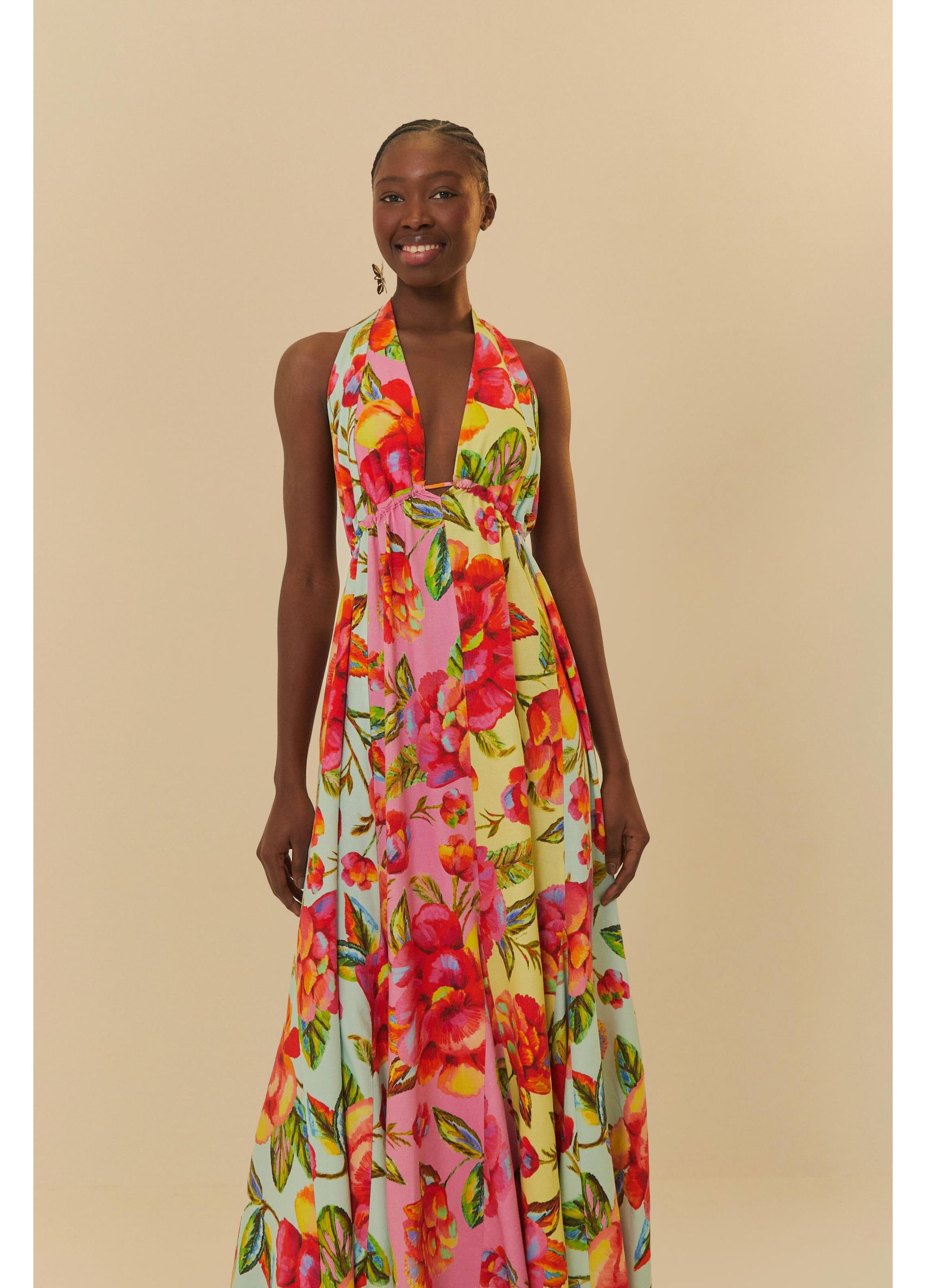 Vestido Longo Nesgas Patch Estampado Flor Céu