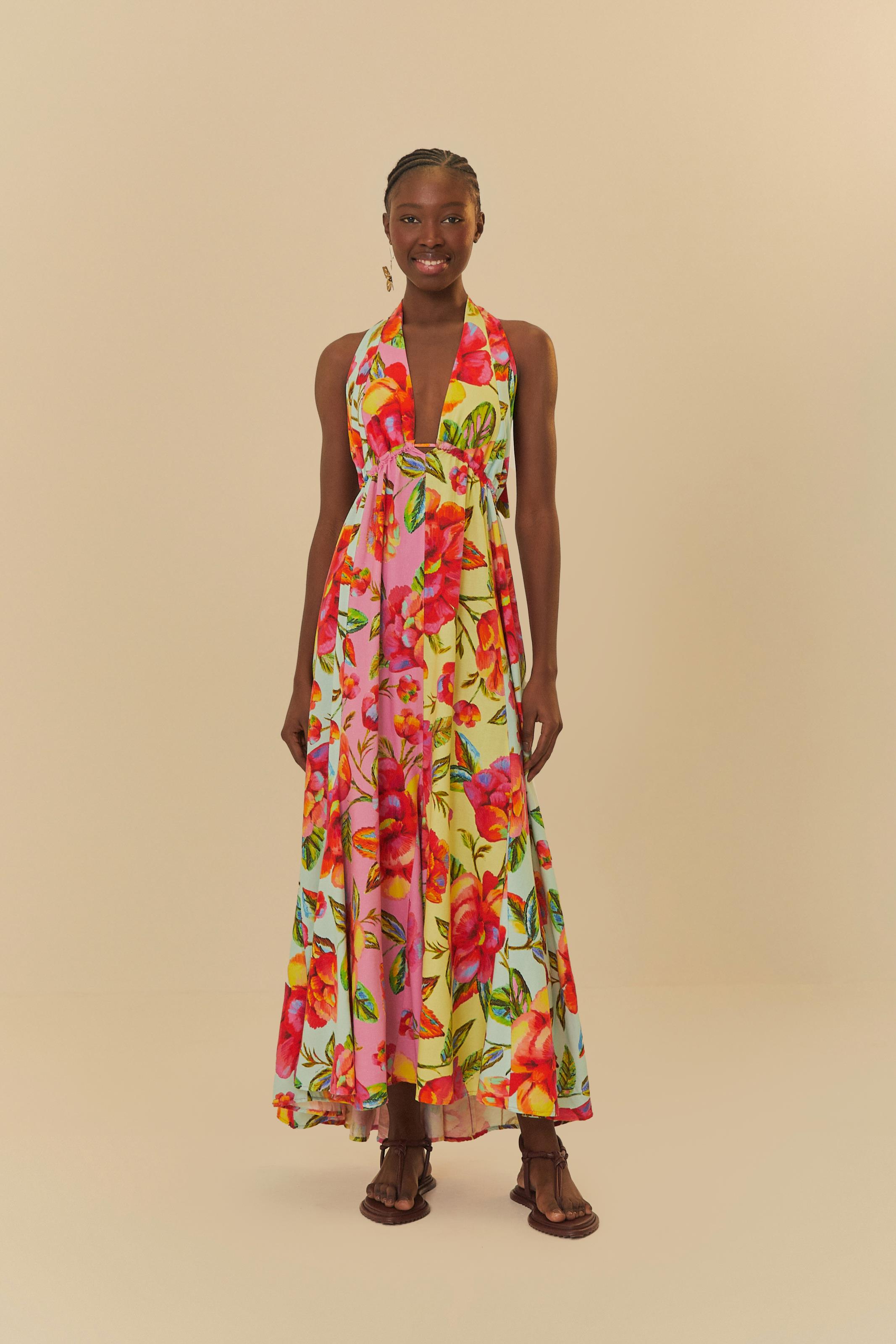 Vestido Longo Nesgas Patch Estampado Flor Céu