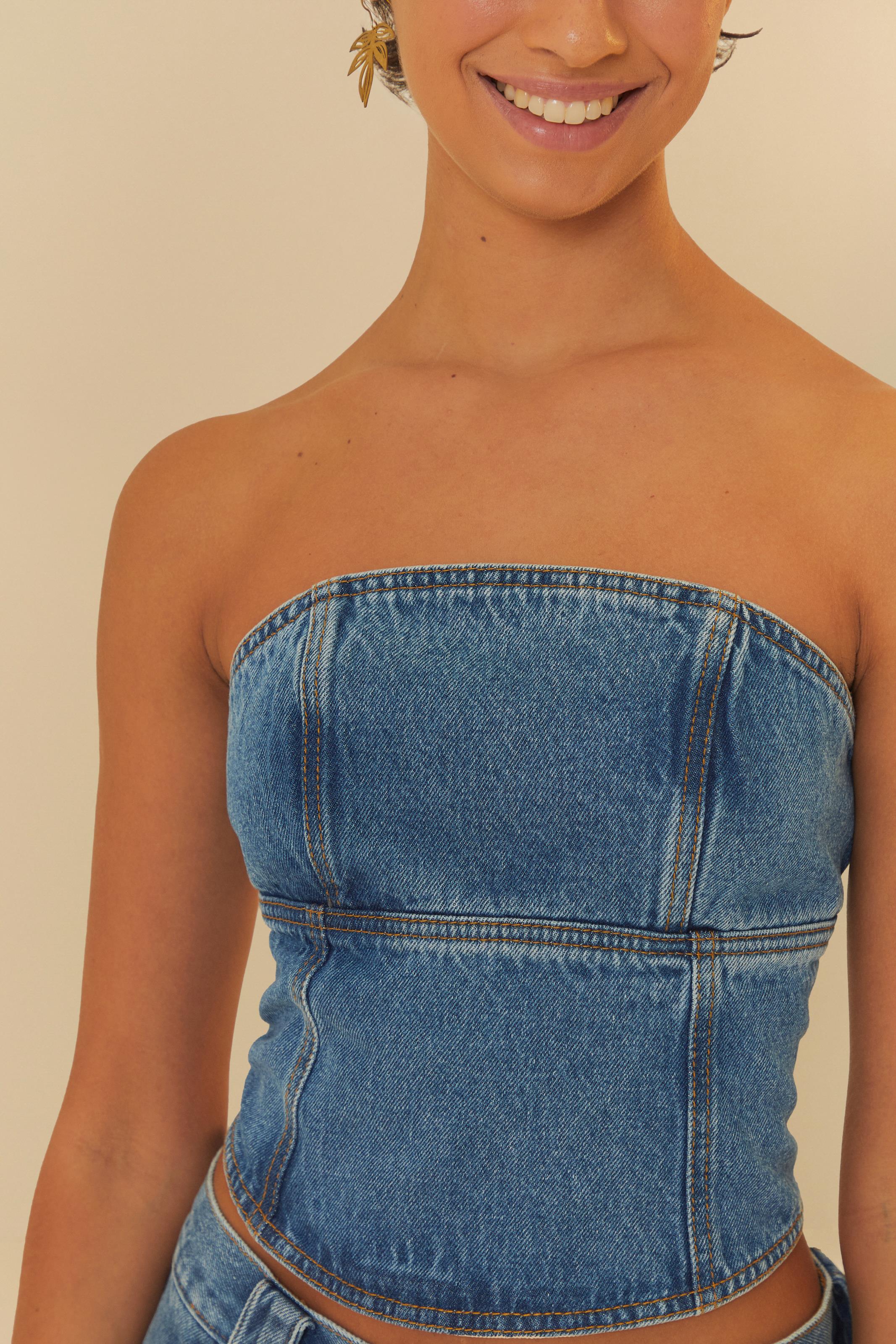 Corselet Jeans Sem Alça