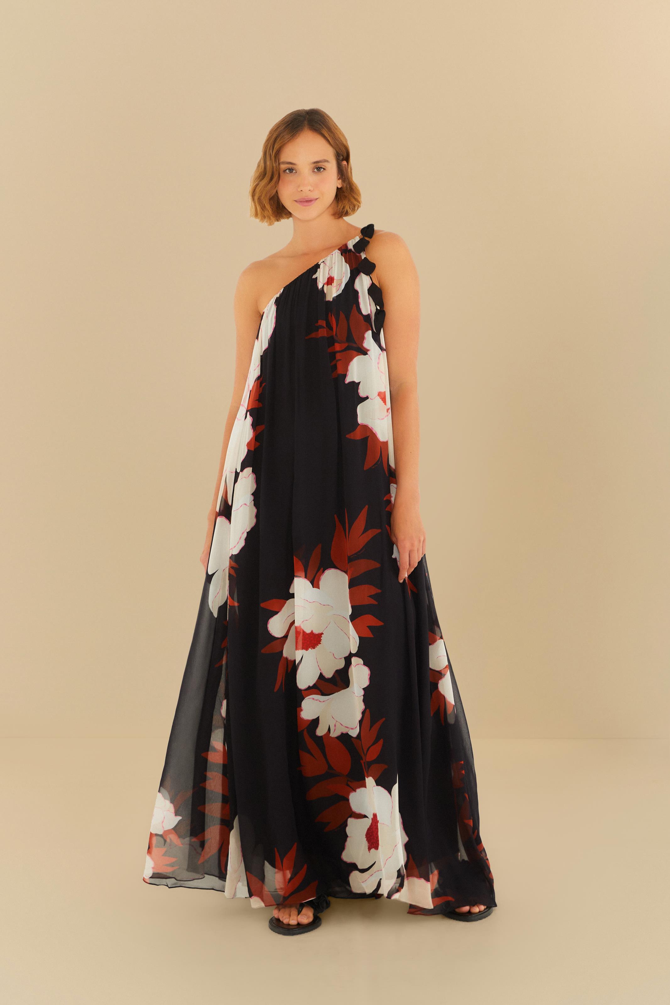 Vestido Ombro Só Estampado Peônia Preto