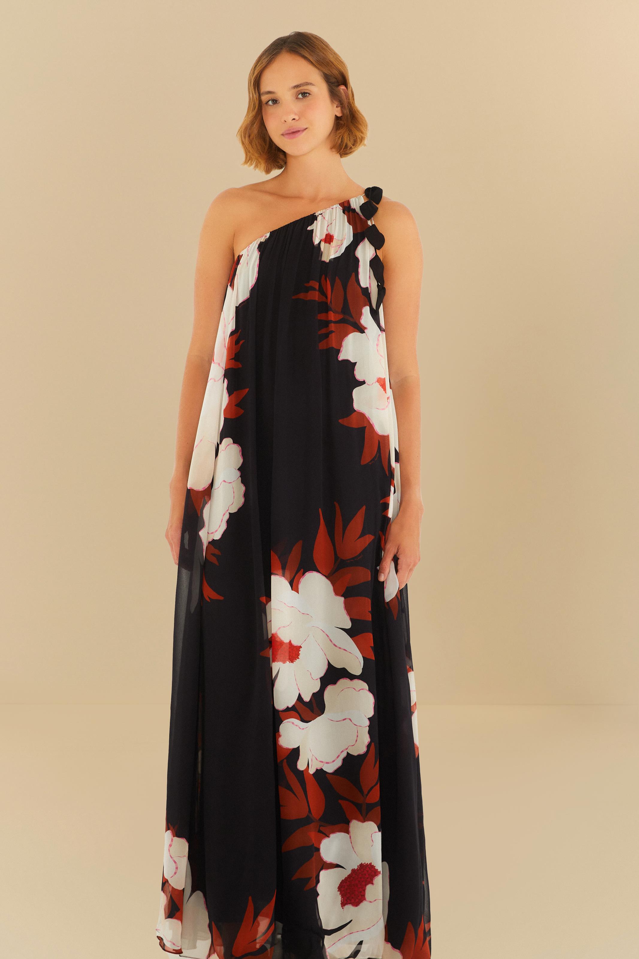 Vestido Ombro Só Estampado Peônia Preto