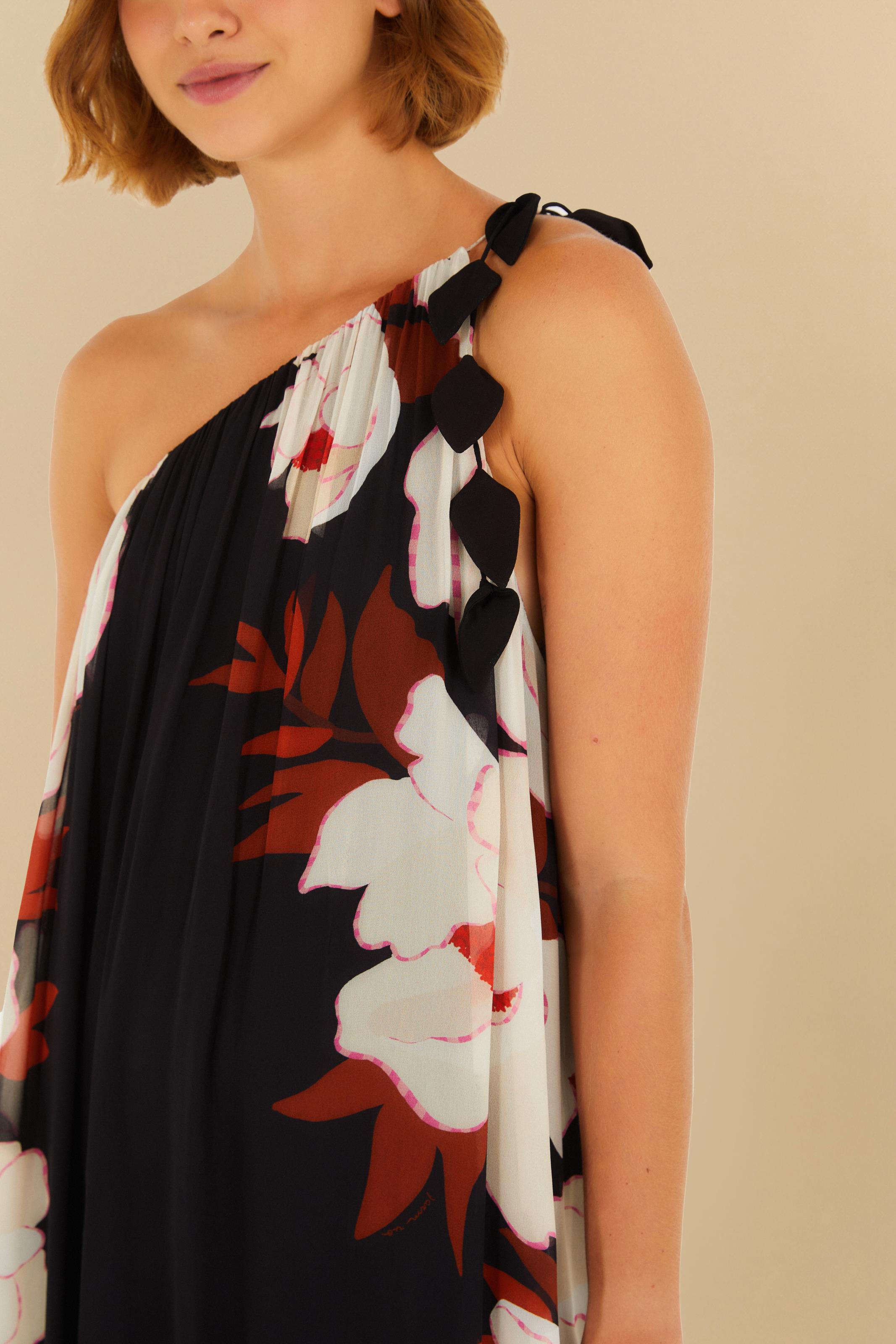 Vestido Ombro Só Estampado Peônia Preto