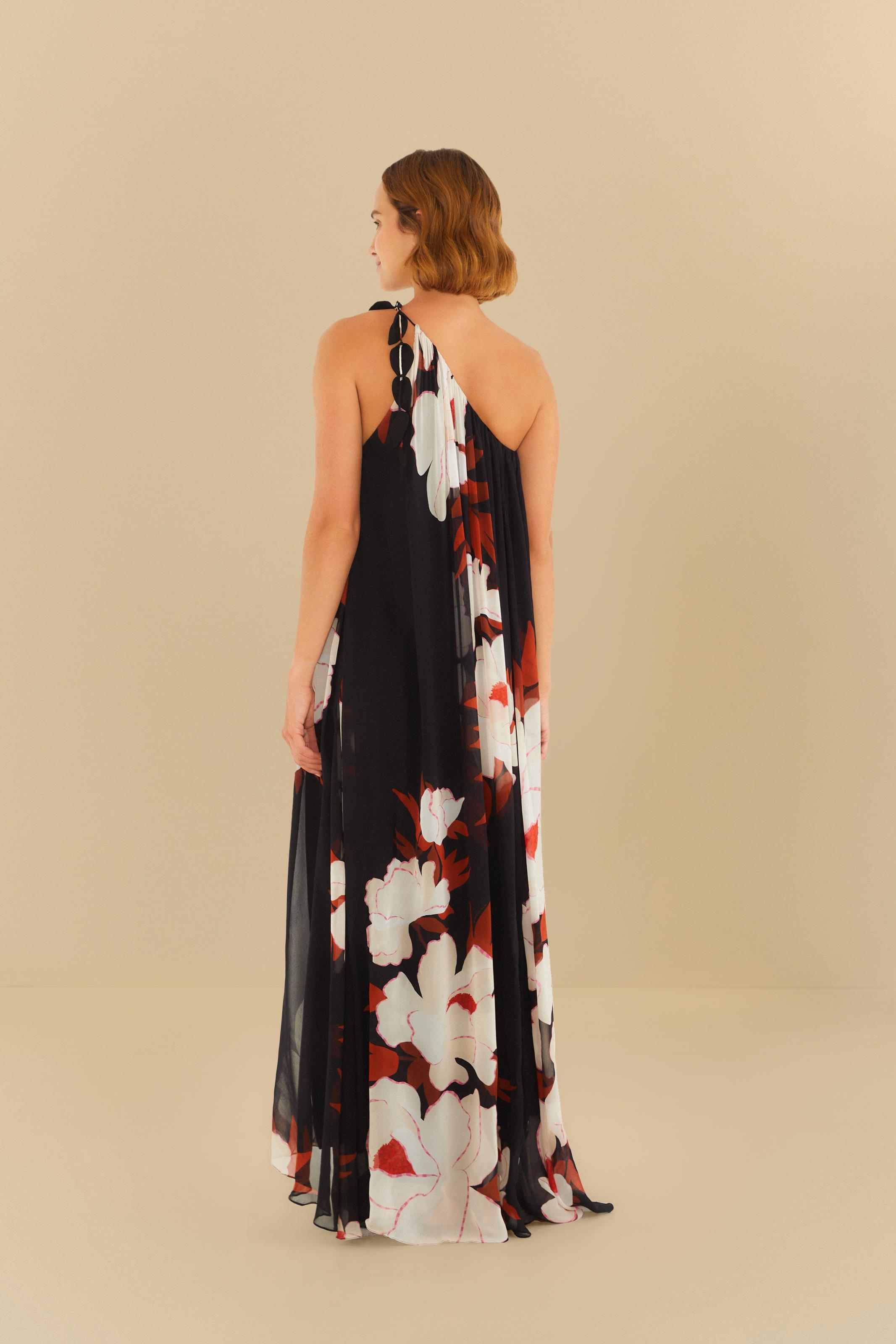 Vestido Ombro Só Estampado Peônia Preto