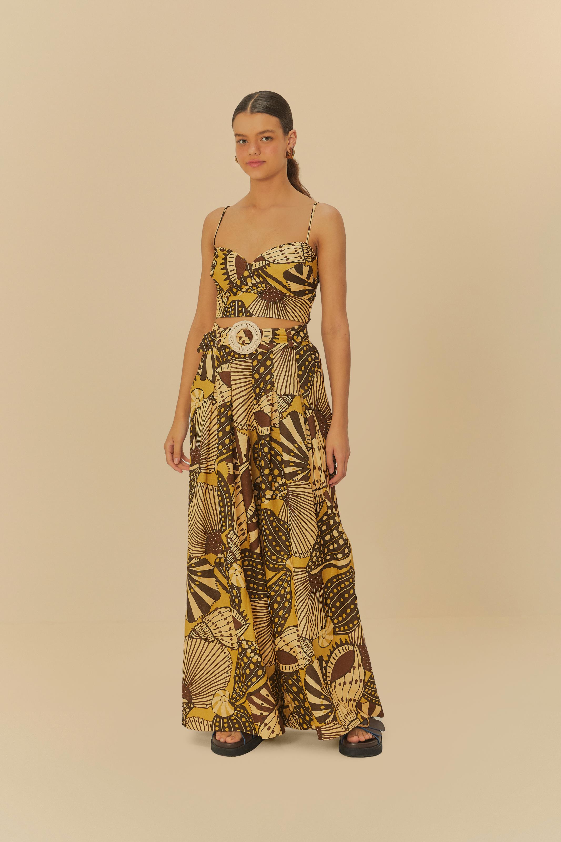 Calça Pantalona Estampada Mistura De Caju