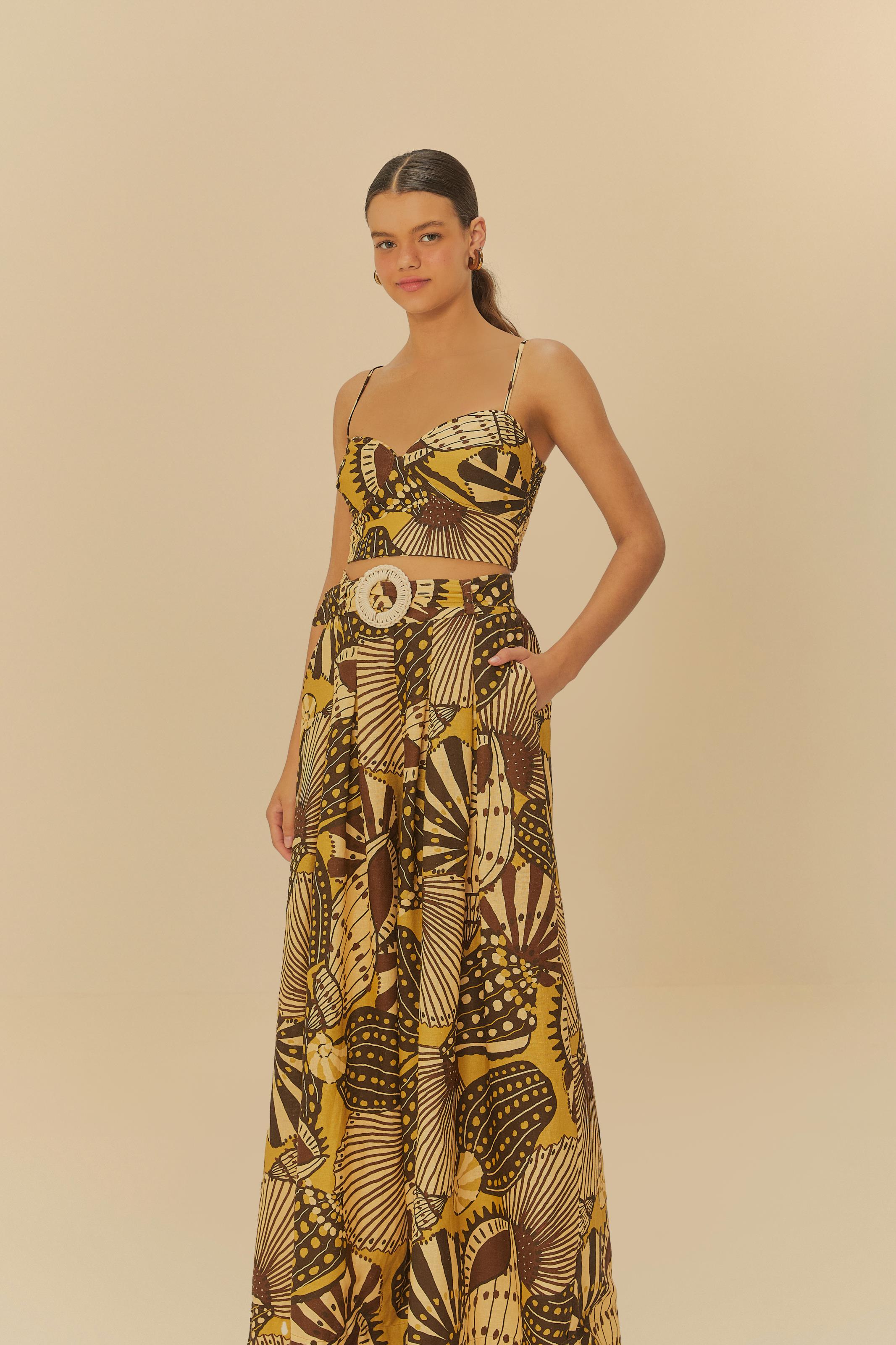 Calça Pantalona Estampada Mistura De Caju