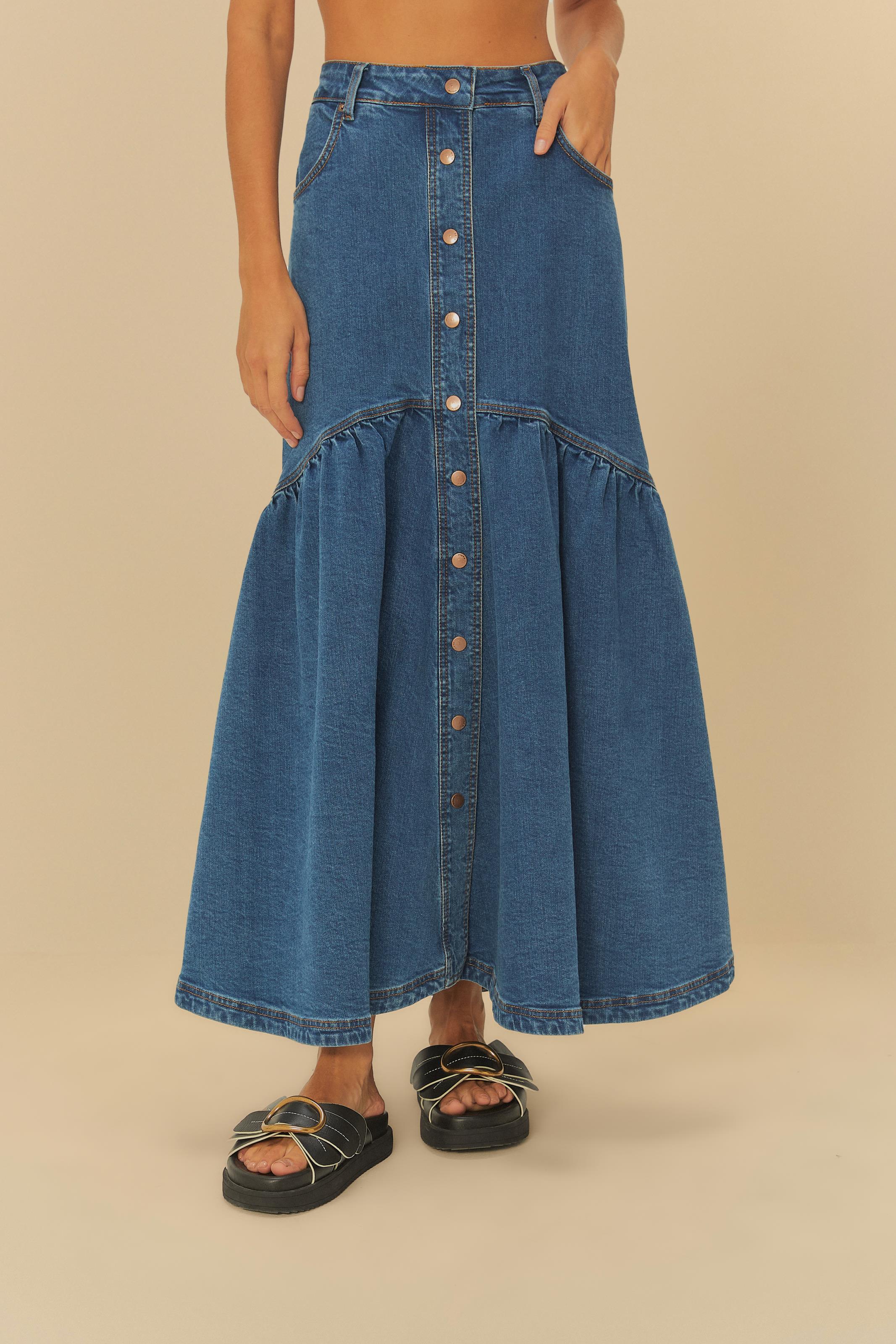 Saia Jeans Midi Recorte Botões