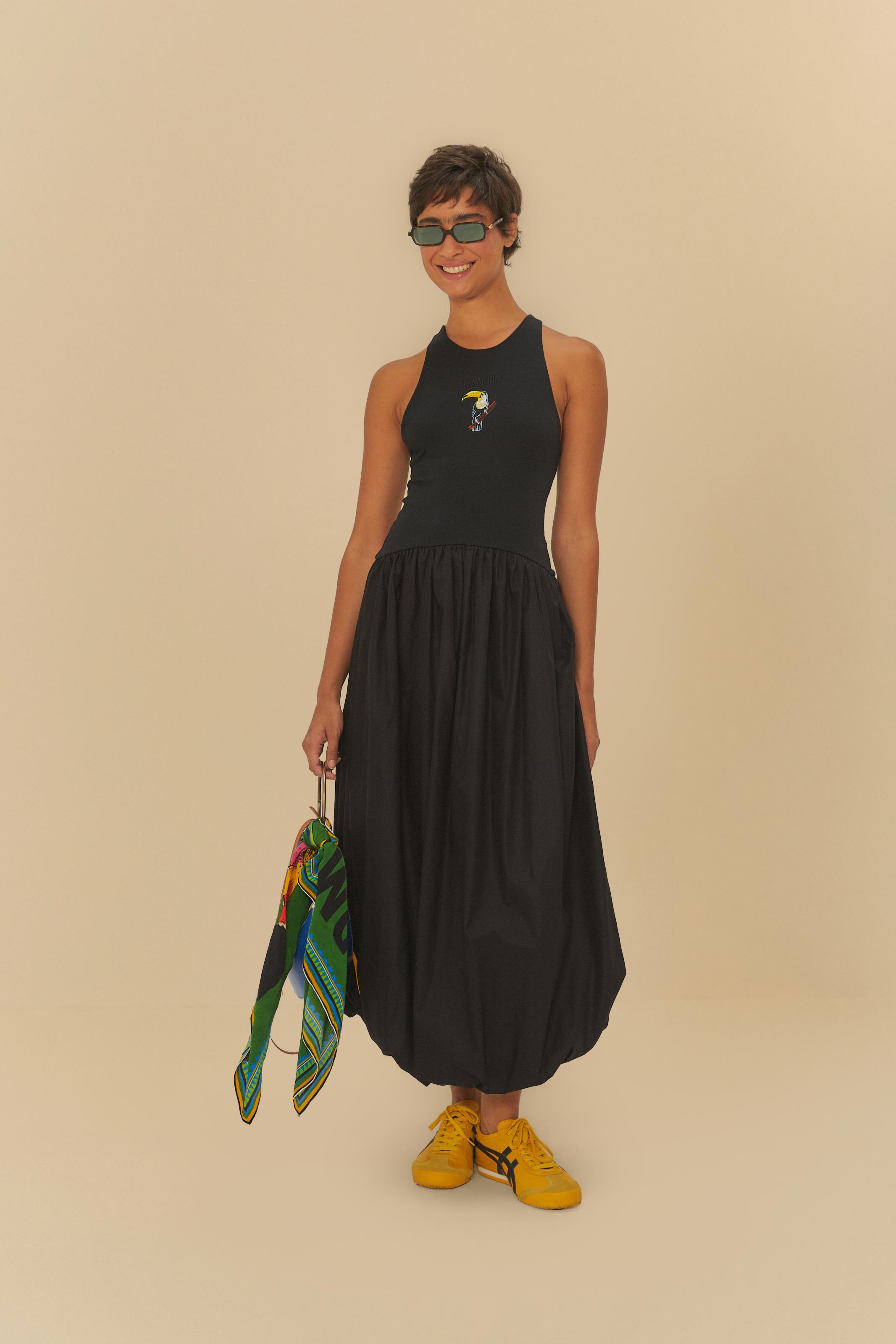 Vestido Balonê Bordado Preto