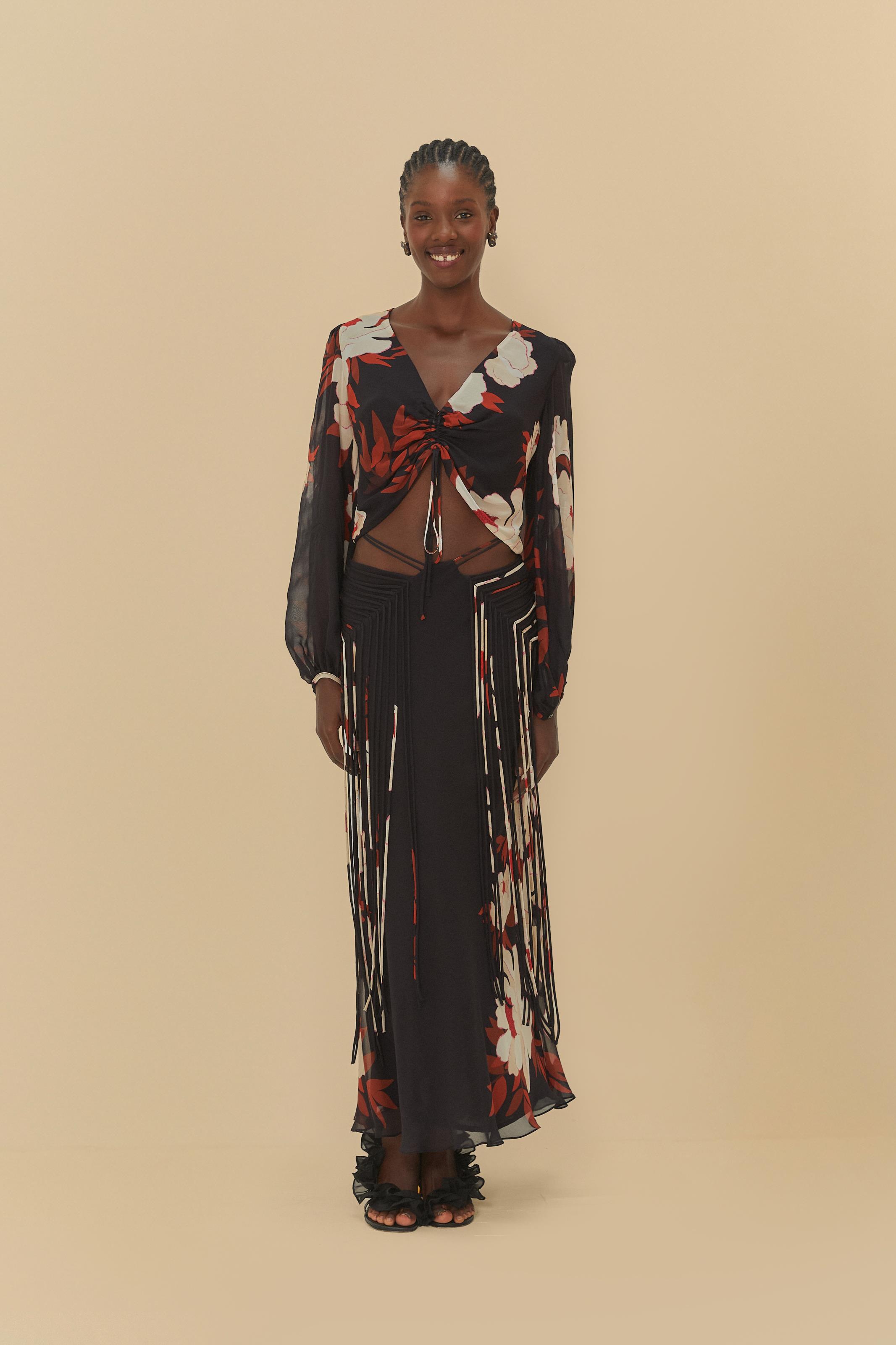 Saia Midi Franja Estampada Peônia Preto