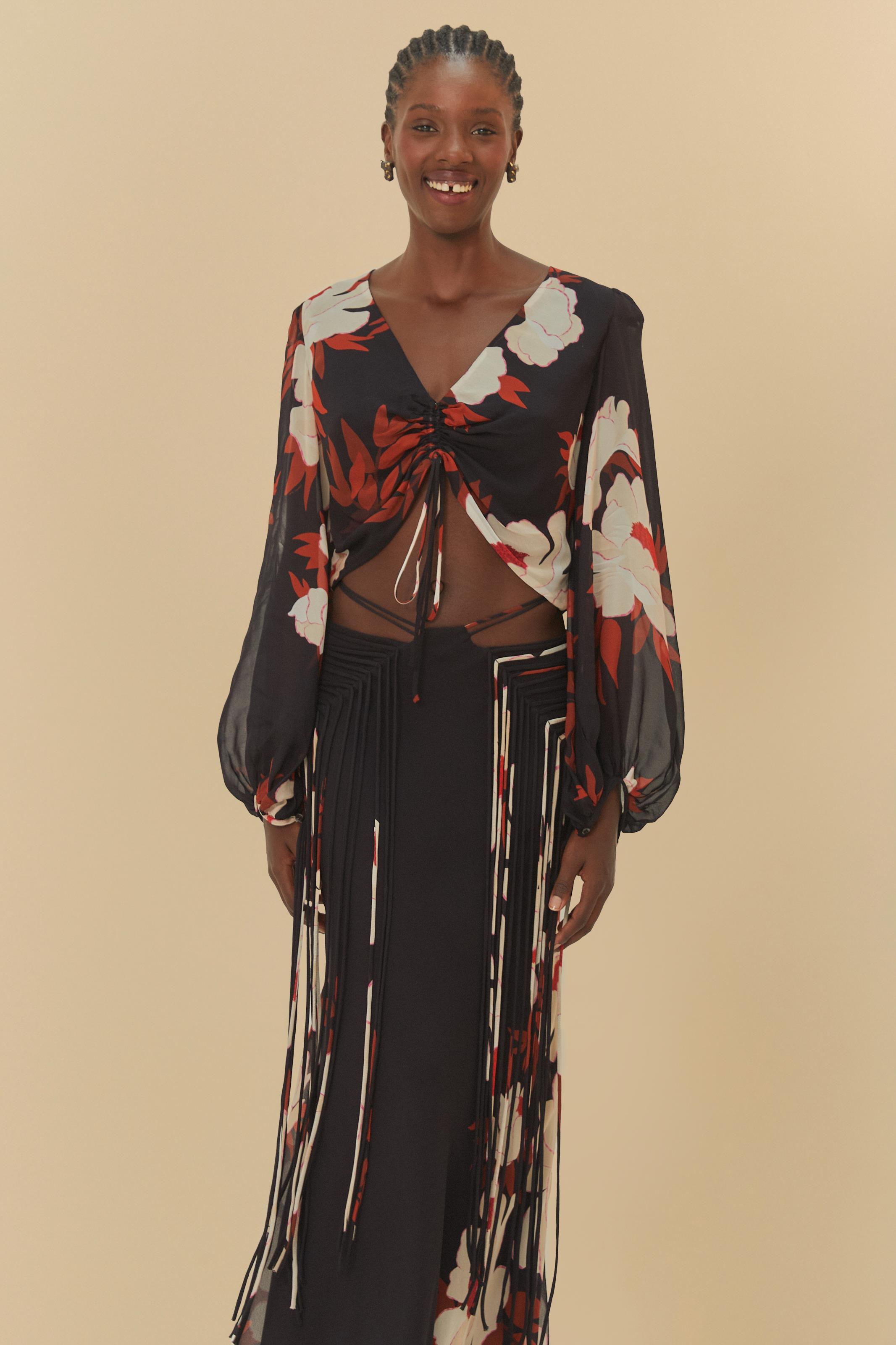 Saia Midi Franja Estampada Peônia Preto