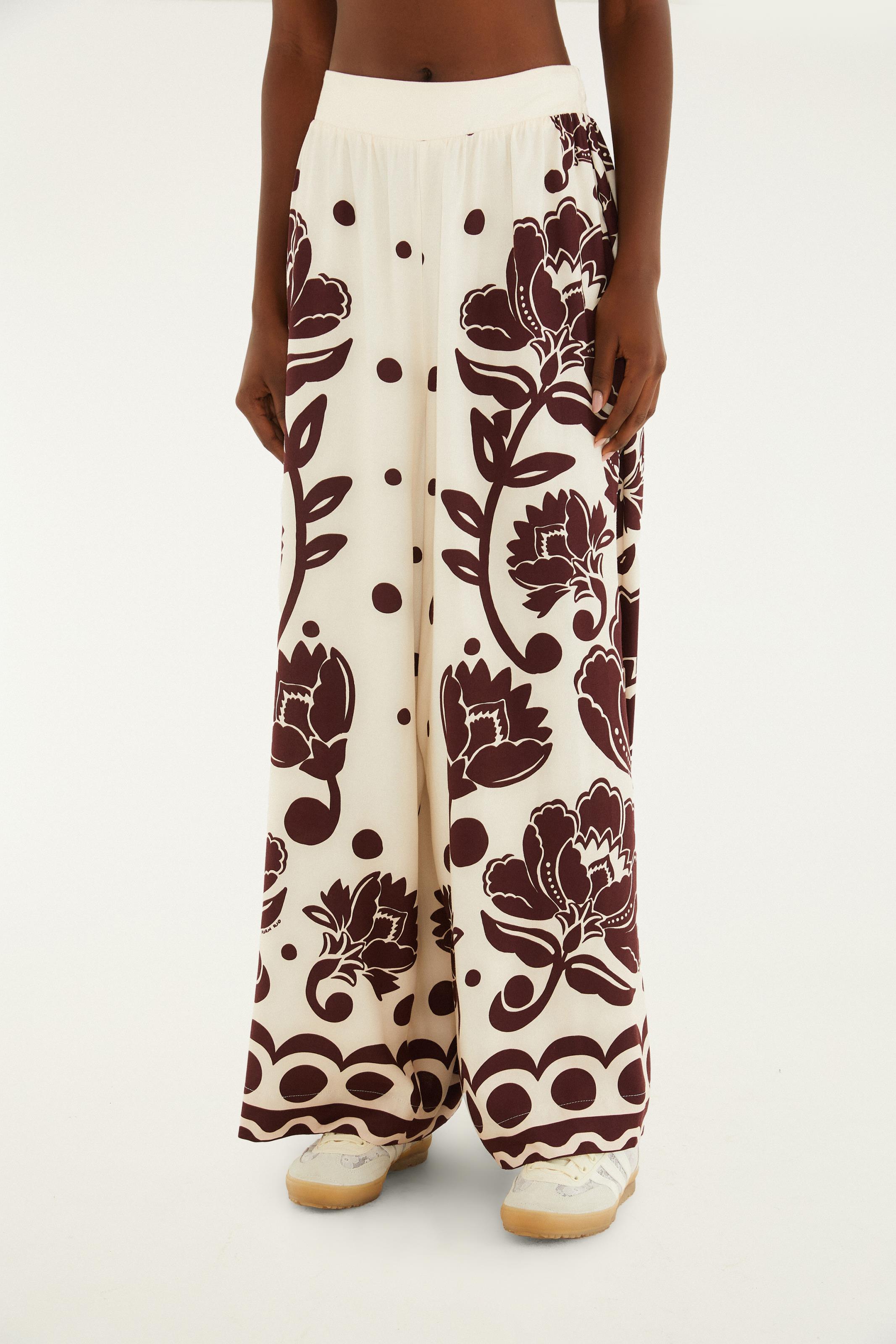 Calça Pantalona Estampada Floral Arabesque