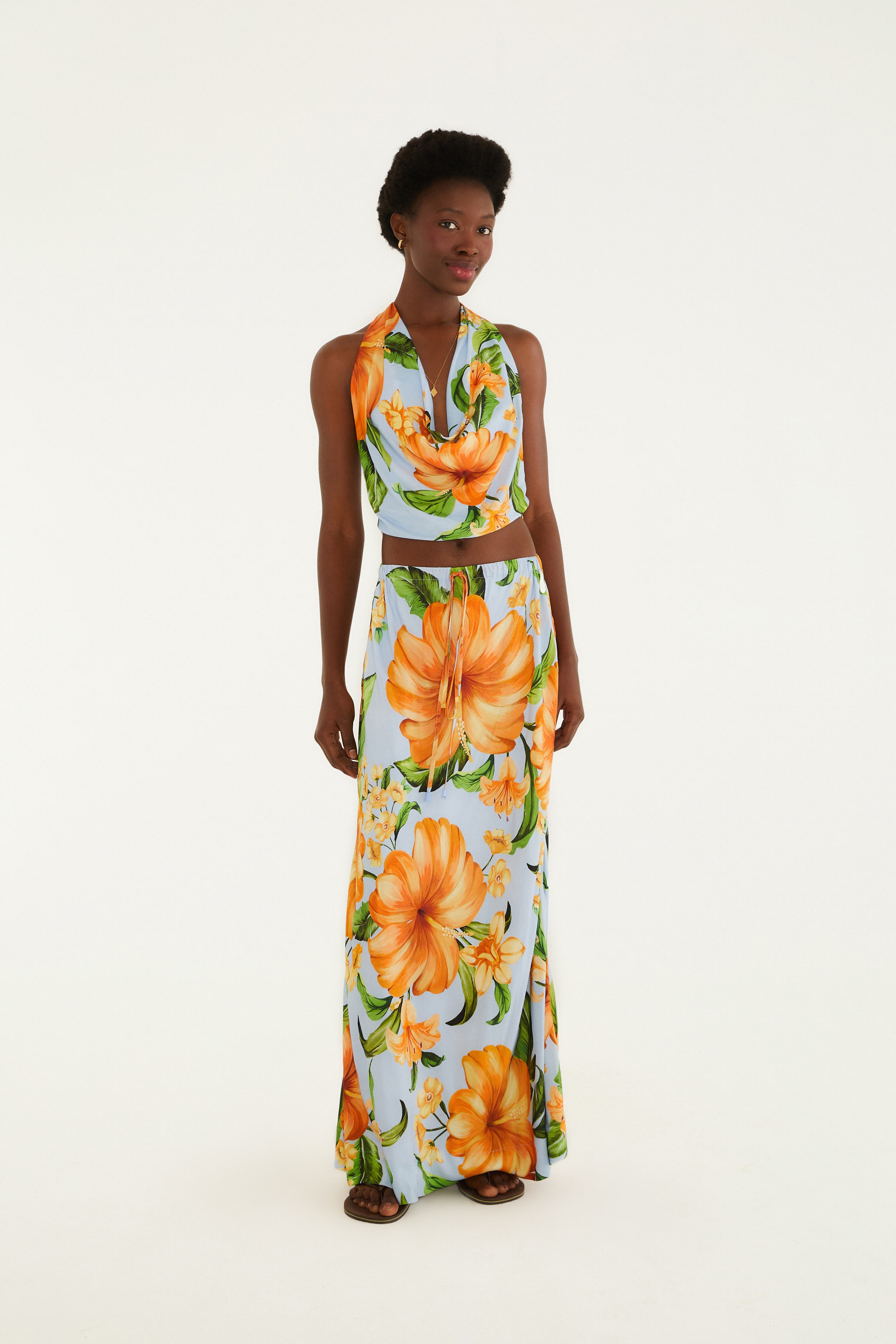 Blusa Decote Degagê Estampada Floral Anis