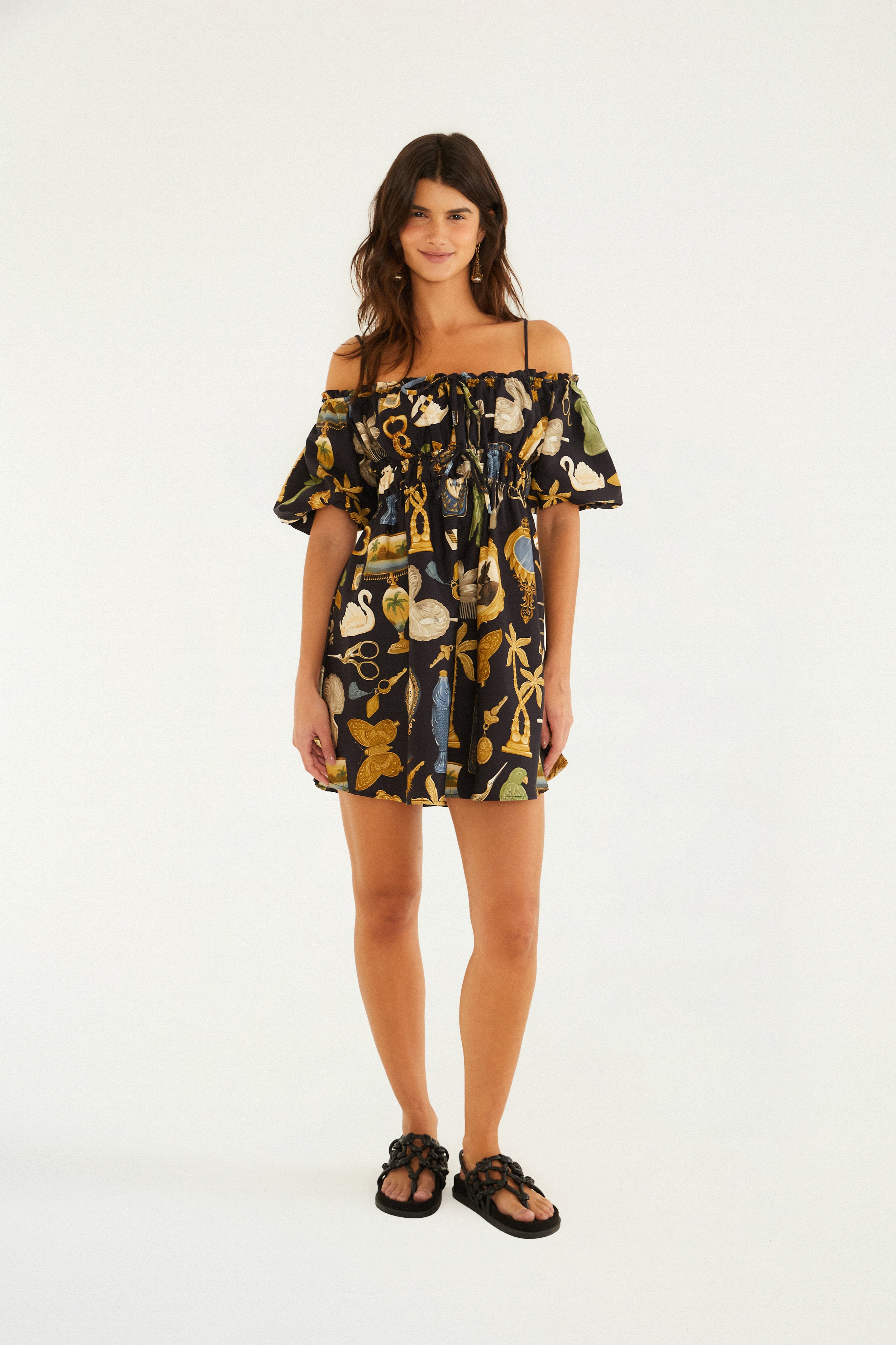 Vestido Curto Estampado Bibelô Preto